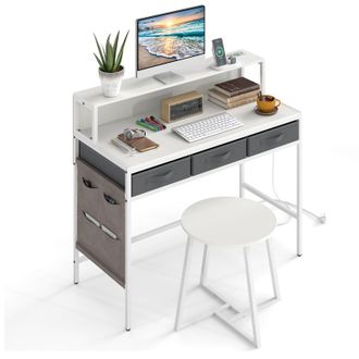 Costway Computertisch mit Steckdosen, Computerschreibtisch mit Monitorst&auml;nder, Stoff-Schubladen, Seitentaschen, Schminktisch mit Hocker f&uuml;r Arbeitszimmer, Sch