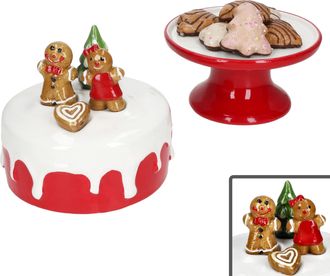 MamboCat Mini-Tortenplatte auf Fu&szlig; aus Steingut I Rot/Wei&szlig; I Deckel mit Lebkuchen & Tanne I Mini-Patisserie mit weihnachtlichem Dekor f&uuml;r Kekse, Mini-Kuchen, P