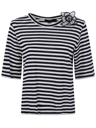 Seventy Cotton Jersey Stripes Boat Neck Flower T-Shirt