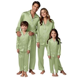 Generic Pyjama de Noël assorti pour la famille, manches longues, col à revers boutonné, vêtement de nuit en satin de soie uni avec poches, vêtements de détent
