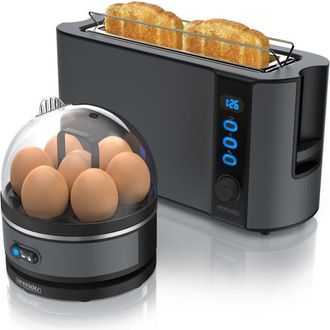 Arendo Set Toaster frukost mit Eierkocher sevencook Edelstahl Grau, Toaster 2 Scheiben, LED-Display, 6 Br&auml;unungsgrade, Br&ouml;tchenhalter - Eierkocher - Arendo