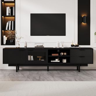 Generic TV Lowboard 200 cm Schwarz TV Schrank f&uuml;r Fernseher bis 80 Zoll Modernes Gaming Sideboard mit Glast&uuml;r 2 Schubladen Low Board f&uuml;r Wohnzimmer B&uuml;ro Indus