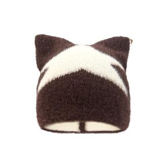 Generic Bonnet dhiver chaud en tricot avec oreilles de chat pour adultes et femmes avec motif &eacute;toile et casquette en tricot &eacute;l&eacute;gante, caf&eacute;, A