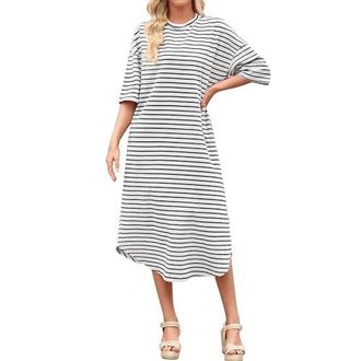 Generic Mini robe t-shirt en coton pour femme - Robe d&eacute;t&eacute; d&eacute;contract&eacute;e &agrave; manches courtes et &agrave; rayures avec poches - Robe d&eacute;t&eacute; boh&egrave;me pour la plage, les vacanc