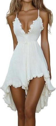 Generico Robes de vacances - Robe d&eacute;t&eacute; courte et grande taille avec poche extra large pour femme - Sans manches - Col rond - Style ample, blanc, X-Large