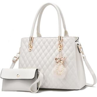 I Ihayner Ensemble de sacs &agrave; main et porte-monnaie en cuir pour femme avec anse, sac &agrave; bandouli&egrave;re pour femme avec pompon, 2 pi&egrave;ces, Blanc., XL