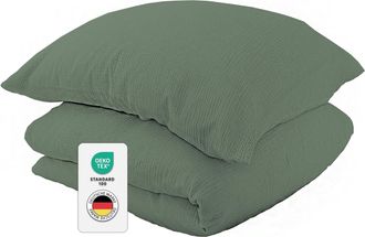 jilda-tex Bio-Bettwäsche Musselin Medina 100% Bio-Baumwolle Knitterlook Bügelfrei Uni Made in Green (Grün, 135x200 + 80x80 cm)