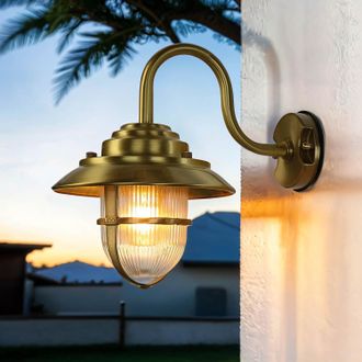 Licht-Erlebnisse Messing Außenwandleuchte IP64 Riffelglas maritimes Design wetterfest Hoflampe Terrasse Balkon Haustür