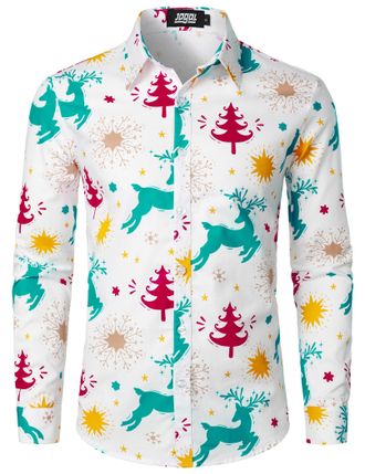 JOGAL Herren Funky Christmas Print Weihnachtsmann Hemd Langarm Button Up Freizeithemd XXX-Large Gr&uuml;n Rot