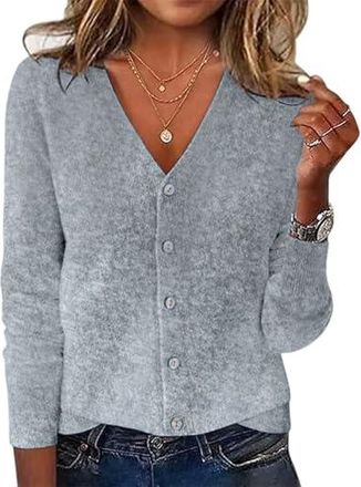 Generic 2025 Pull &agrave; Manches Longues de Couleur Unie pour Femme Chandail Tricot avec Boutons Cardigan Femme Gilet avec Boutons Col en V L&eacute;ger Et El&eacute;gant Veste 