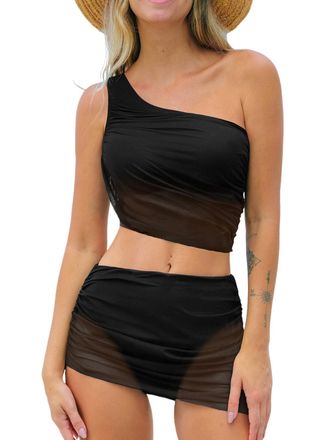 Cupshe Damen Bikini Set Eine Schulter High Waist Netzstoff Bikini Baderock Sheer Mesh Asymmetrische Bademode Zweiteiliger Badeanzug Swimsuit Schwarz XS