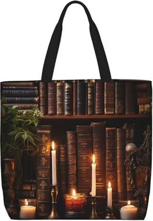 Generic Impression De Bougie Sur Une Vieille &Eacute;tag&egrave;re &Agrave; Livres Sac Fourre-Tout R&eacute;utilisable Tote Bag Grand Sac A Main Femmes Pour Universit&eacute; Gym Plage