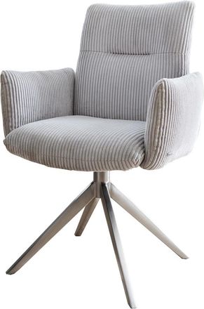 DELIFE Esszimmerstuhl Jova-Flex mit Armlehnen Kreuzgestell breit Edelstahl Cord Silbergrau 360° drehbar Taschenfederkern