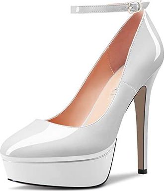 Castamere Femmes Aiguille Haut High Plate-Forme Talon Heel Rond Bout Lani&egrave;res Cheville Escarpins Slip-on Mariage Party Dress 13 CM Heels Blanc 36 EU