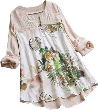 ORANDESIGNE Femme Sexy Chemisiers à Col V Lâche Tunique Eté Plage Casual Coton Lin Shirt Longues Blouse D Beige XL