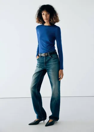 Mango T-shirt ajust&eacute; manches longues bleu - Femme - XXS - MANGO