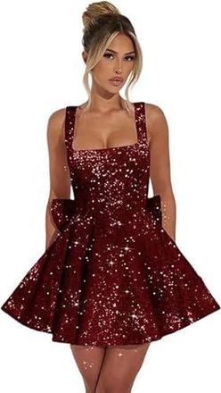 Generic Robes de soir&eacute;e courte &agrave; paillettes avec bretelles spaghetti et noeud &agrave; col carr&eacute; Mini robes de cocktail, bordeaux, XS