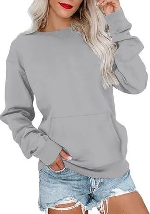 Generic Chemise unie à manches longues pour femme, coupe classique, couleur unie, col rond, poche, haut à manches longues, sweat-shirt pour la vie quotidienne