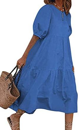 ORANDESIGNE Robe Femme Ete Bohème Grande Taille Chic et Elegant Rétro Mode Robe Ample Vintage Robe De Plage Décontracté Floral Boho Dress A Bleu XXL