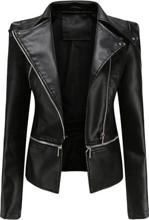 Generic Veste de motard en similicuir &agrave; manches longues et fermeture &eacute;clair pour femme, Noir, 5XL