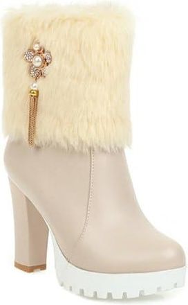 Generic Bottines dhiver doublées de fausse fourrure pour femme avec fermeture éclair latérale, bout rond, talon épais, plateforme chaude, abricot, 37.5 EU