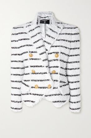 Balmain Doppelreihiger Blazer Aus Gestreiftem Bouclé - Weiß