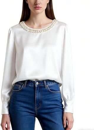 Generic Haut &eacute;l&eacute;gant en satin avec perles synth&eacute;tiques et col rond pour femme - Manches longues - Pour le travail et le bureau, blanc, XXL