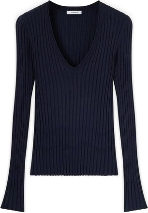Motivi Pullover aus Rippstrick mit V-Ausschnitt - - Knitwear - Damen - Blau - L