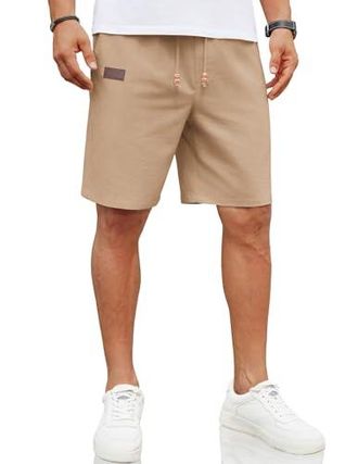 Coofandy Short en Lin pour Hommes Taille &eacute;Lastique Pantalon Court en Lin Respirant D&eacute;Contract&eacute; Pantalon Court D&eacute;T&eacute; Coupe R&eacute;Guli&egrave;Re Beige XXL