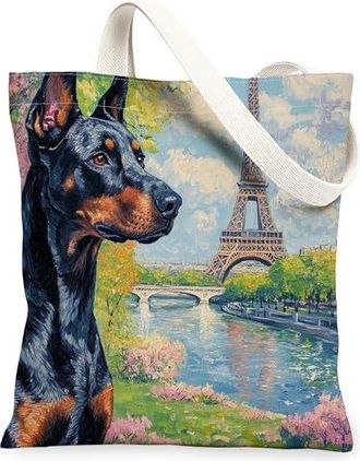 Generic Sac fourre-tout en toile motif doberman printanier 33 x 38,1 cm, tour romantique, sac d&eacute;picerie r&eacute;utilisable pour femme, motif animal de compagnie, d&eacute;