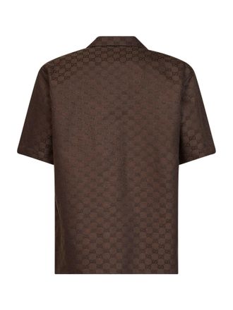 Gucci Mens Bowling Shirt Gg Linen-Blend Brown Cotton