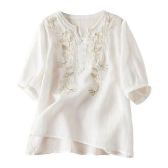 Generic Chemises en lin pour femme - Broderie britannique - Manches 3/4 - Col en V - Manches courtes - D&eacute;contract&eacute; - Tendance - Chemisier boh&egrave;me, blanc, XXL