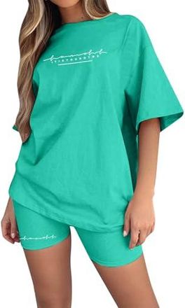 Generic Ensemble 2 pi&egrave;ces pour femme - T-shirt surdimensionn&eacute; - Short de motard - Style d&eacute;contract&eacute; - Tenue de sport - Essentiel pour les vacances d&eacute;t&eacute;, Vert,