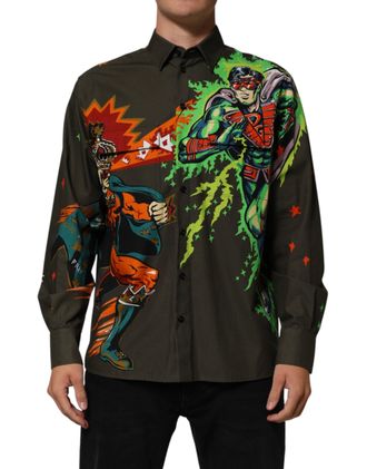 Dolce & Gabbana Mens Green Superhero Print Button Down Shirt Brown