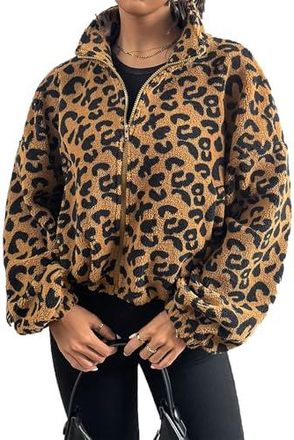 Generic Vestes en polaire Teddy pour femme Veste courte &agrave; manches longues avec fermeture &eacute;clair Manteau en peluche imprim&eacute; l&eacute;opard