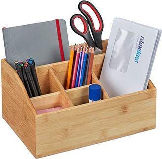 Relaxdays Schreibtisch Organizer, Bambus, 6 Fächer, Stiftehalter Büro und zuhause, Tischorganizer HBT 14x28x20 cm, Natur