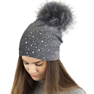 TOSKATOK Ladies Fine Knit Winter Mütze mit Glitzerapplikation und Großem Pompom aus Kunstfell