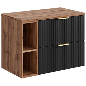 Vente-Unique Vente-unique - Meuble sous vasque suspendu stri&eacute; avec niches - Noir et naturel clair - L80 cm - zevara