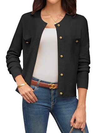 Grace Karin Cardigan &eacute;l&eacute;gant pour femme - Col rond - Manches longues - Bouton - Chaud, Cl309-01/noir, S
