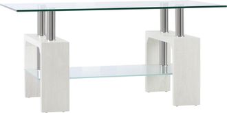 HOMCOM 2-stufiger Couchtisch, Moderner Couchtisch mit Glasplatte und Holz- und Stahlgestell, 90x50x42cm, Wei&szlig;