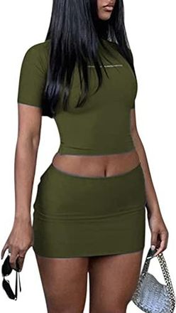 Onsoyours Ensemble Femme Sexy Chic de 2 Pcs Crop-Top Tricoté à Manches Longues + Mini Jupe Crayon Moulante C Armée Verte S