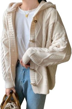 Generic Chandail boutonné pour femme, ouvert sur le devant, manches longues, cardigan en tricot à capuche, chandail épais, abricot, M