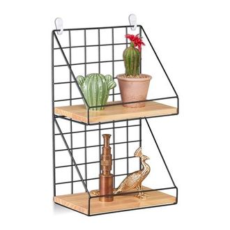 Relaxdays Wandregal, 2 Ablagen, Hängeregal Gitter, HBT: 41 x 25 x 16 cm, Industrial, Metall und Holzoptik, schwarz/braun