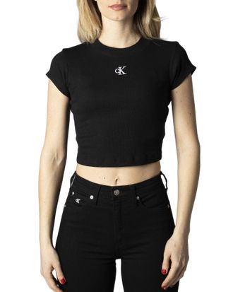 Calvin Klein Damen T-Shirt Kurzarm Ck Rib Baby Tee Cropped, Schwarz (Ck Black), 3XL