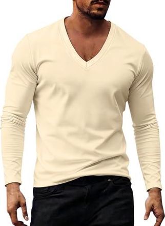 Generic T-shirt de base pour homme - Couleur unie - Haut d&eacute;t&eacute; &agrave; manches longues - Col en V - Grande taille - V&ecirc;tements doux respirants - Costume de sport pour