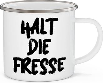 OM3 lustige Emaille-Tasse mit Spruch - Halt die Fresse - Statement | Emailletasse Emaille Becher | 12oz 300ml | Beidseitig Bedruckt | Weiß-Metall