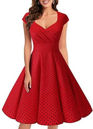 Bbonlinedress Robe Femme de Soir&eacute;e Cocktail Vintage Femme Chic Courte pour Mariage Invit&eacute; Gala F&ecirc;te T&eacute;moin Anniversaire Col Carr&eacute; Red Small Black Dot XS