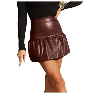Generic Jupe bouffante en cuir synth&eacute;tique pour femme - Taille haute - Robe pleine ventre et jupe grande taille - Jupe unie sexy et &eacute;l&eacute;gante, marron, XXL