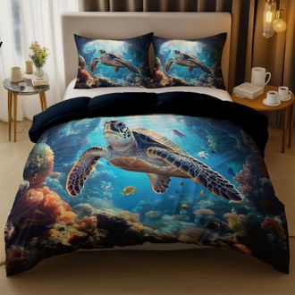 Generic Schwarz Bettw&auml;sche 135 x 200 cm 3 Teilig - &Ouml;lmalerei Meer Schildkr&ouml;te Thema Doppelseitiges Design Bettbezug f&uuml;r Alle Jahreszeiten, Weiche & Kuschelige