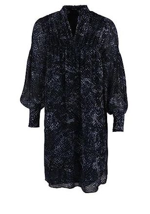 Marc Aurel Robe &agrave; manches longues, col calice, volants, motif bleu marine, bleu fonc&eacute;, 40 grande taille